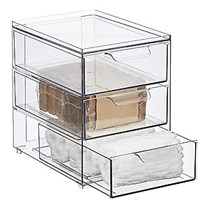 mDesign Plastic Stackable Organizer with 3 Drawers - Pull-Out Drawer Storage Bin for Bathroom Sink/Cabinet Organization - Perfect for Makeup, Small Towels, and More - Lumiere Collection, 4 Pack, Clear