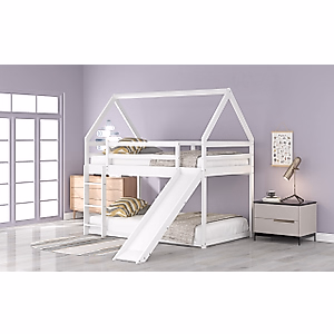 DreamBuck House Bunk Bed with Slide, Solid Wood Low Bunk Bed Twin Over Twin with Roof and Safety Guardrail, Twin Floor Bunk Bed for Kids Teens Girls Boys, No Box Spring Needed, White