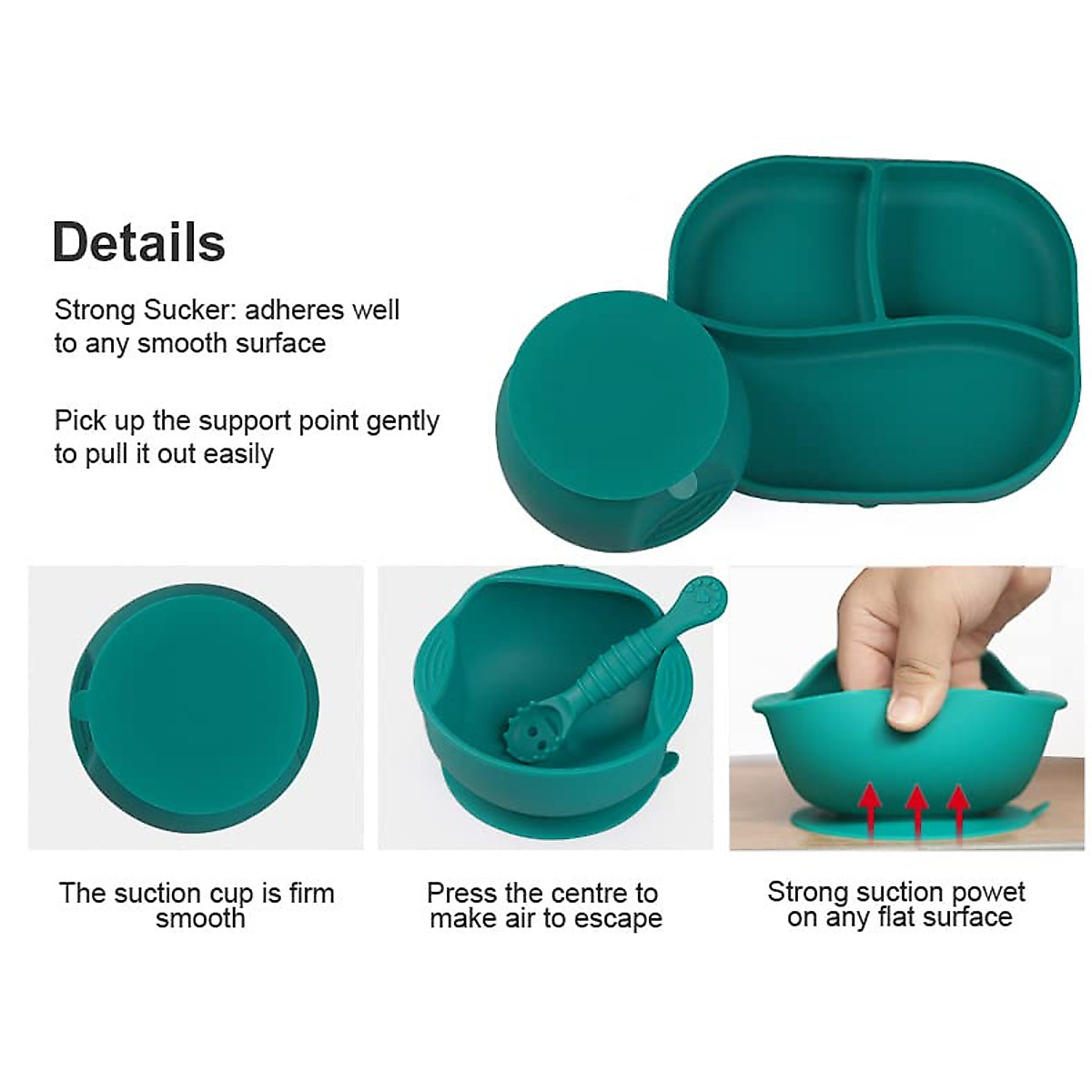 12Pcs Silicone Baby Feeding Set, Baby Led Weaning Supplies-BPA free Toddler Self Feeding sets,Baby Bib, Baby Suction plate,Baby Spoon Fork for Baby 6+ Months (Blackish Green)