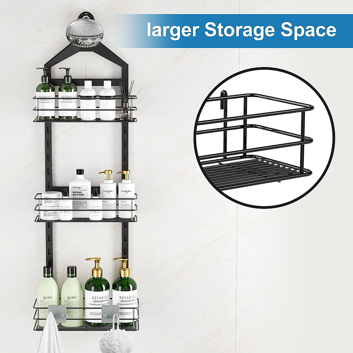 Purdaz Shower Caddy Over Shower Head,Adjustable Hanging Shower Organizer Shelf Shower Storage Rack Basket No Drilling Shower Organizer for Bathroom,Black