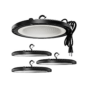 JACKYLED LED High Bay Light, 150W LED Shop Light 5000K, 21,000LM (Eqv. 600W MH/HPS), 6 ft Cable with US Plug, Hook, Safe Rope, IP65 ETL Listed UFO Garage Light for Garage Gym, Warehouse（4 Pack）