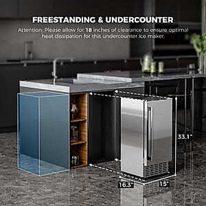AGLUCKY Under Counter Nugget Ice Maker Machine,Built-in Ice Maker with Drain Pump,70Lbs/Day,18 Lbs Storage,Self-Cleaning & 24H Timer,UnderCounter Ice Machine for Home Use(Silver)