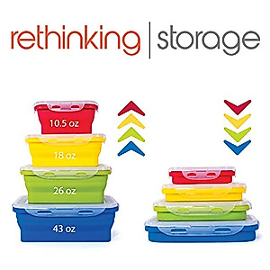 Kitchen + Home Thin Bins Collapsible Containers – Set of 4 Rectangle Silicone Food Storage Containers – BPA Free, Microwave, Dishwasher and Freezer Safe