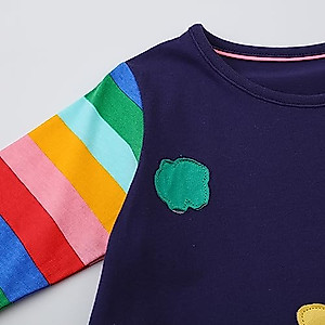 Little Girl Long Sleeve Dress Rainbow Stripe Back to School Pocket Pen Applique Navy Blue Autumn Dresses 6 Years