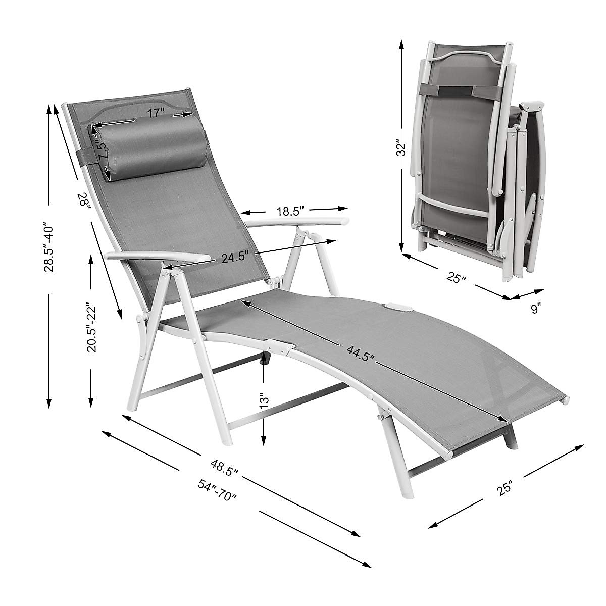 hysache Folding Lounge Chair, Patio Chaise Lounge w/Portable Design and 7 Adjustable Positions, Outdoor Lawn Chair w/Removable Cushion and Pillow for Yard, Poolside (Gray)