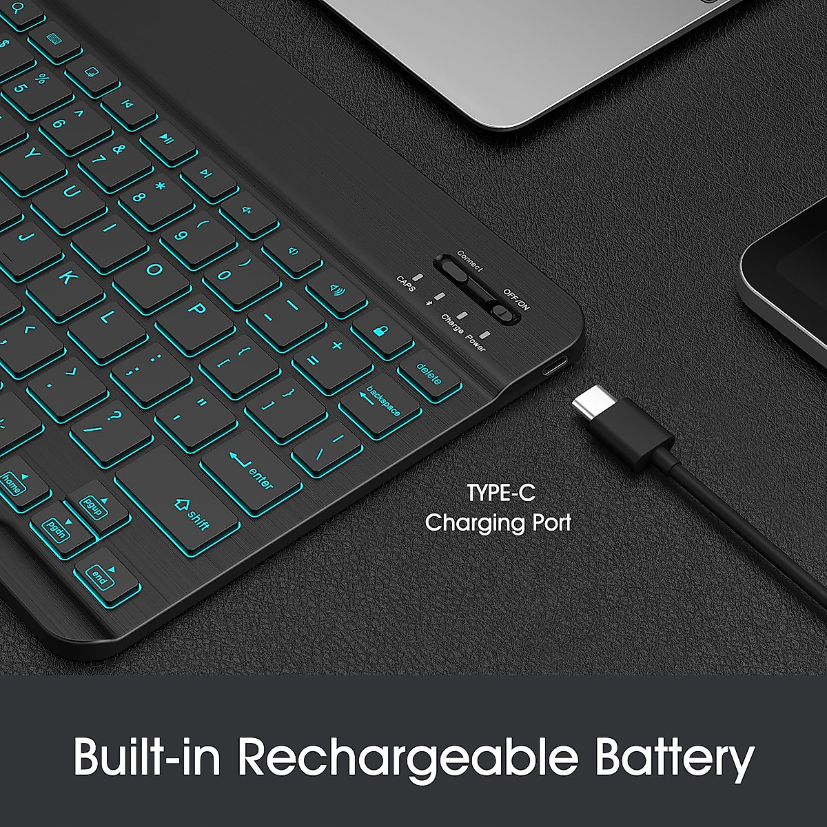 FINTIE 10-Inch Ultrathin Wireless Bluetooth Backlight Keyboard, [7 Color Backlit] Rechargeable Keyboard for iPad Samsung Tablet, iPhone Smartphone, iOS, Android Tablets Phone, Black