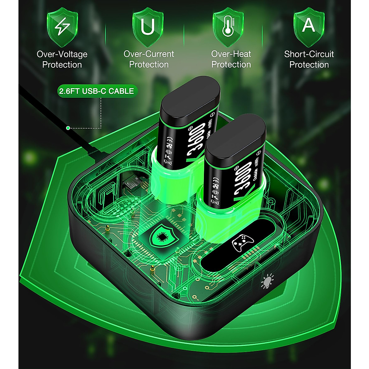 Upgraded Fast Charging Rechargeable Battery Packs with Light Control, 4 x 3600mWh Xbox Controller Batteries with Charger Dock/Station for Xbox Series X|S, One S/X/Elite Controllers, Console Accessory
