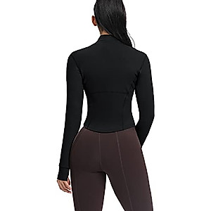 AVGO Women's Cropped Running Workout Jackets Zip Slim Fit Athletic Tops with Thumb Holes(Black, S)