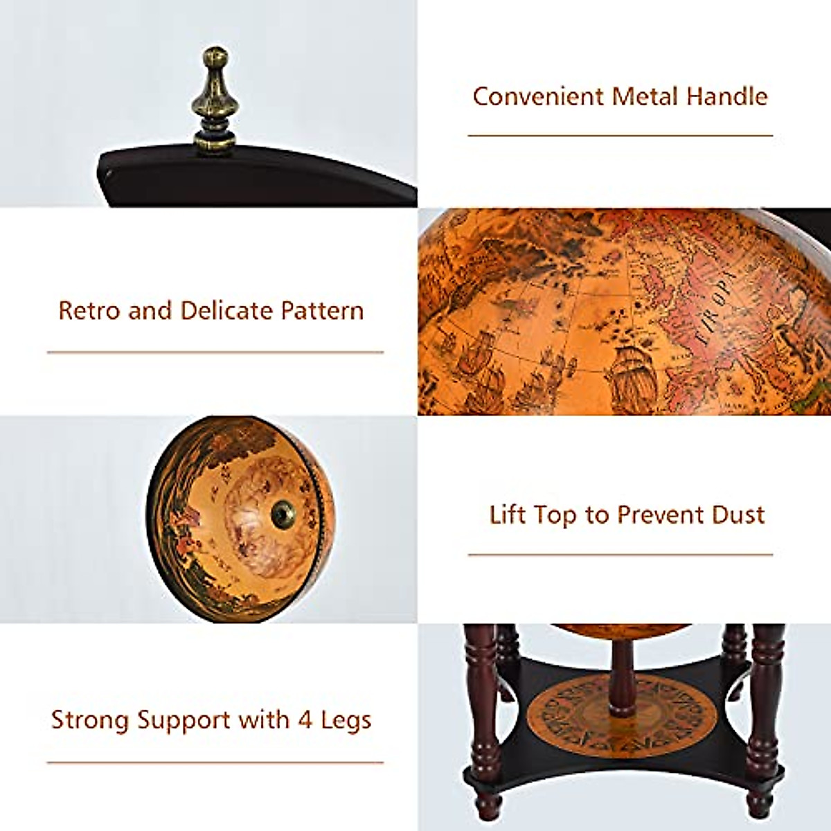 Goplus Tabletop 13” Globe Wine Bar Stand, 16th Century Italian Nautical Chart Liquor Cabinet with Bottom Shelf, Replica Globe Bar Cabinet Wine Rack for Dining Room & Living Room, Retro Brown