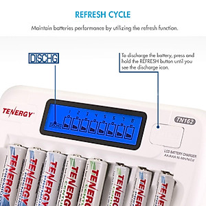 Tenergy AA AAA Rechargeable Battery and Charger Combo TN162 8-Bay Smart LCD AA/AAA NiMH/NiCd Charger + 8 AA & 8 AAA NiMH Rechargeable Batteries