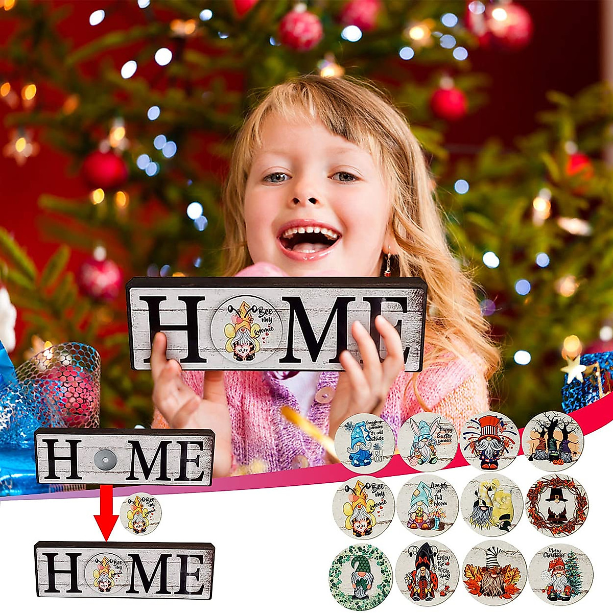 Baisnuo Home Gnome Signs Decor, interchangeable sign with 12 Pieces Holiday Wooden Table Top Shelf Decor for Front Porch Wall Outside Garden Indoor seasonal decorations