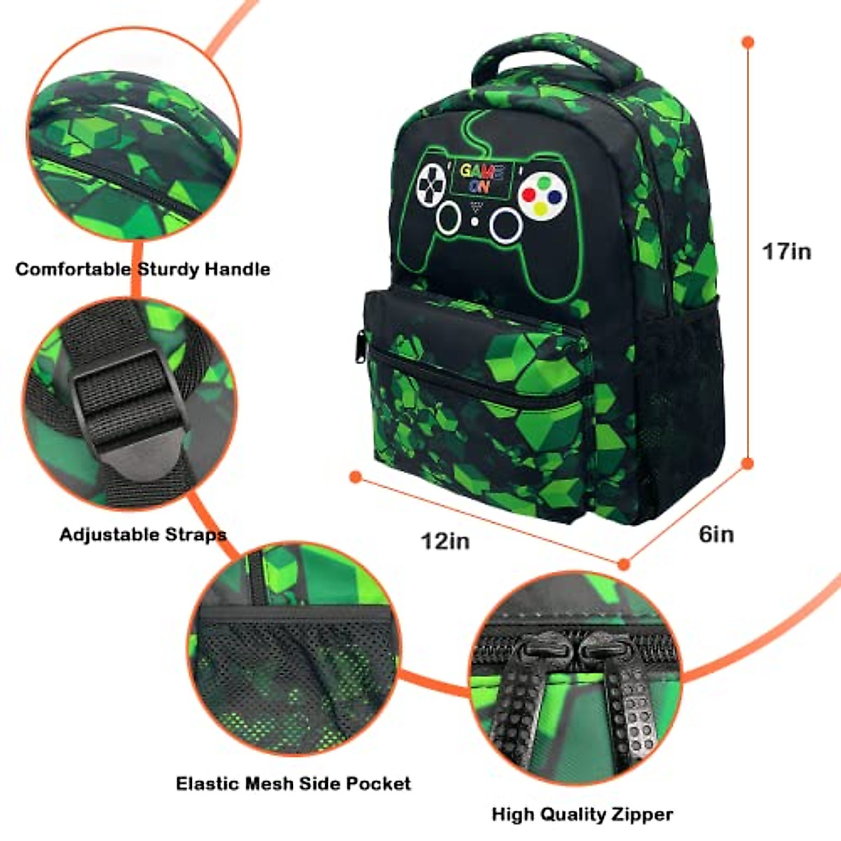 TONGRUIQ Video Game Funny Backpack, large 17-inch Laptop Travel Laptop Daypack School Bag with Multiple Pockets for Men Women Boys Girls