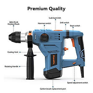 y Duty Rotary Hammer Drill 12.5 Amp, 1-1/4'' SDS-Plus, 3 Functions with Vibration Damping Technology, Safety Clutch, 6-Speed Regulation, Used for Concrete, Metal, and Stone (Blue)