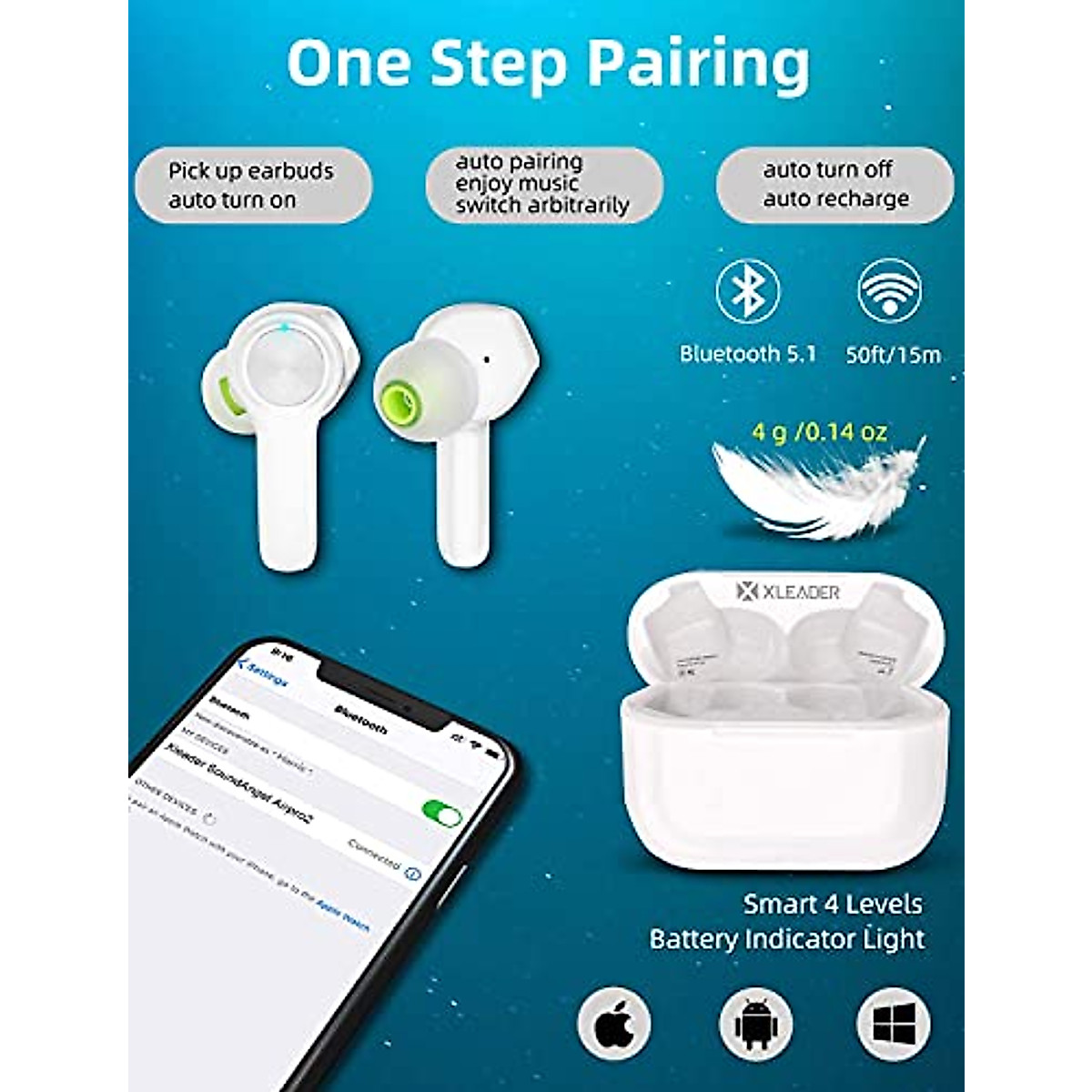【Pearl white】Wireless Bluetooth Earbuds with 6 Pair Ear Tips, IPX8 Waterproof Touch Earphones Built in Mic, 3D Stereo Sound with Noise Canceling, Fast Type-C Charging Earbuds for iPhone Android