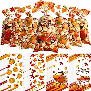 160 Pieces Thanksgiving Treat Bags Fall Cellophane Bags Plastic Happy Thanksgiving Pumpkin Fall Leave Turkey Sign Gift Bags with 160 Gold Twist Ties for Thanksgiving Fall Autumn Theme Party Supplies