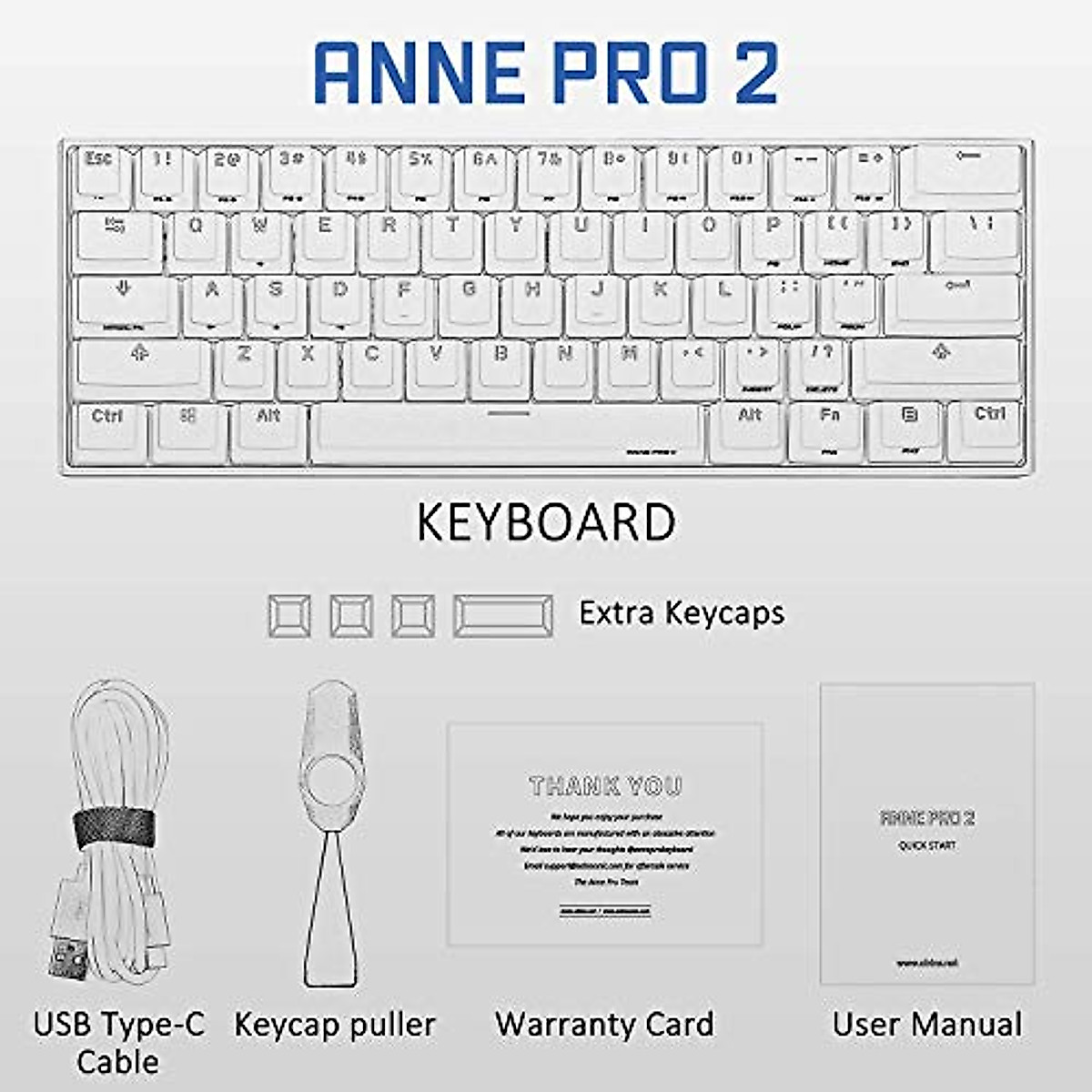 Anne PRO 2D, 60% Wired/Wireless Mechanical Keyboard (Gateron Brown Switch/White Case) - Full Keys Programmable - True RGB Backlit - Tap Arrow Keys - Double Shot PBT Keycaps - NKRO - 1900mAh Battery