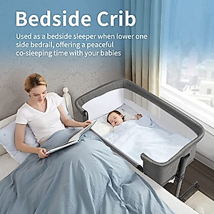 JOYMOR 4 in 1 Baby Bassinet,Bedside Sleeper Height Adjustable,Portable Playpen Nursery Center, Easy Folding for Travel,Includes Mattress,Carry Bag,Detachable Net