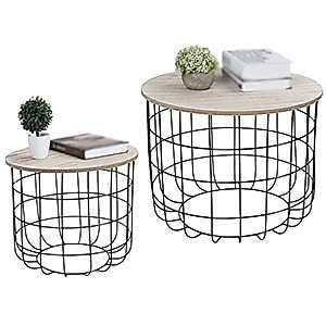 LIRUXUN 2pcs Living Room Storage Side Table Set Coffee Table with Metal Basket and Wood Tabletop