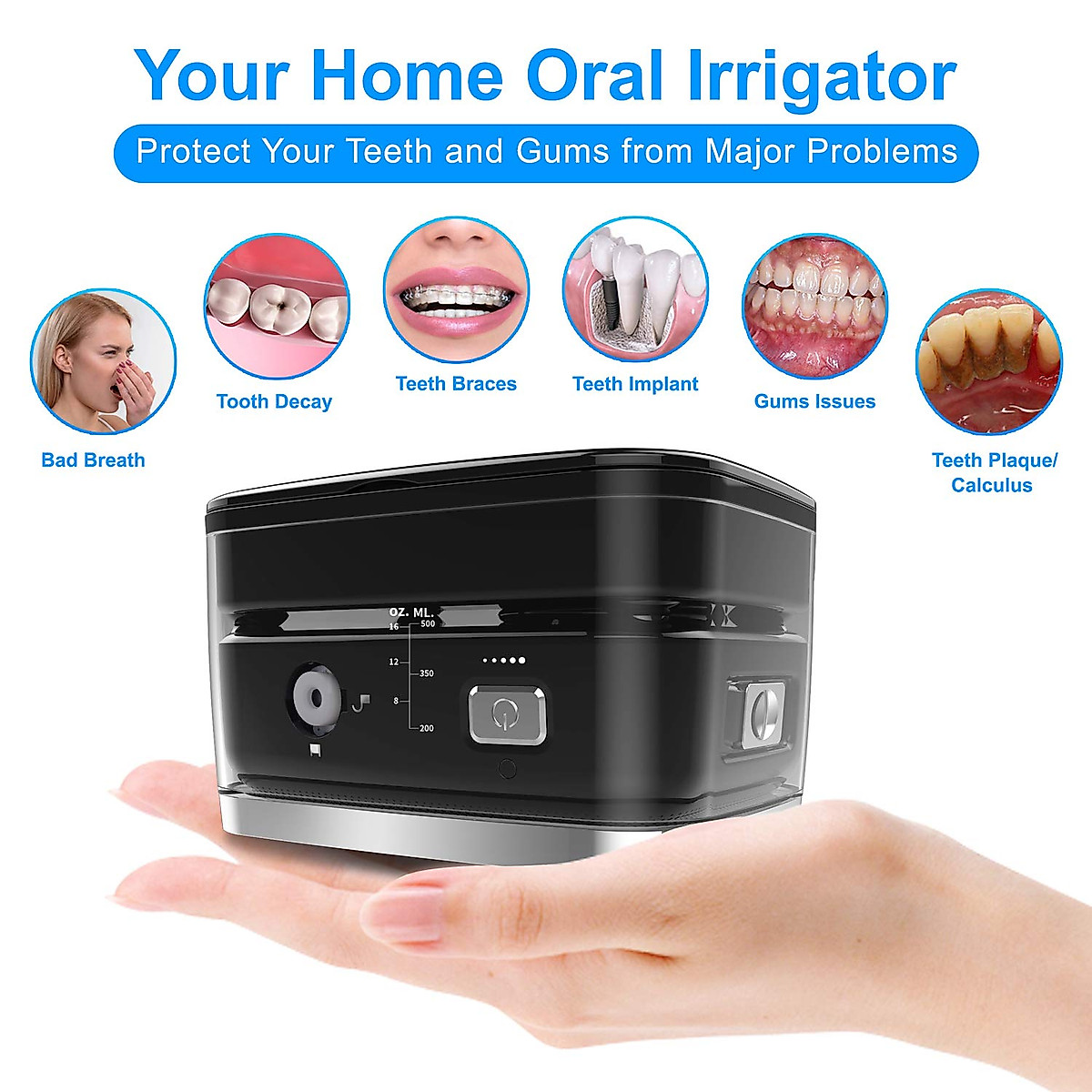 PERSMAX Water Flosser Professional Portable Teeth Cleaner, 500ml Foldable & Rechargeable Dental Oral Irrigator for Home and Travel IPX7 Waterproof