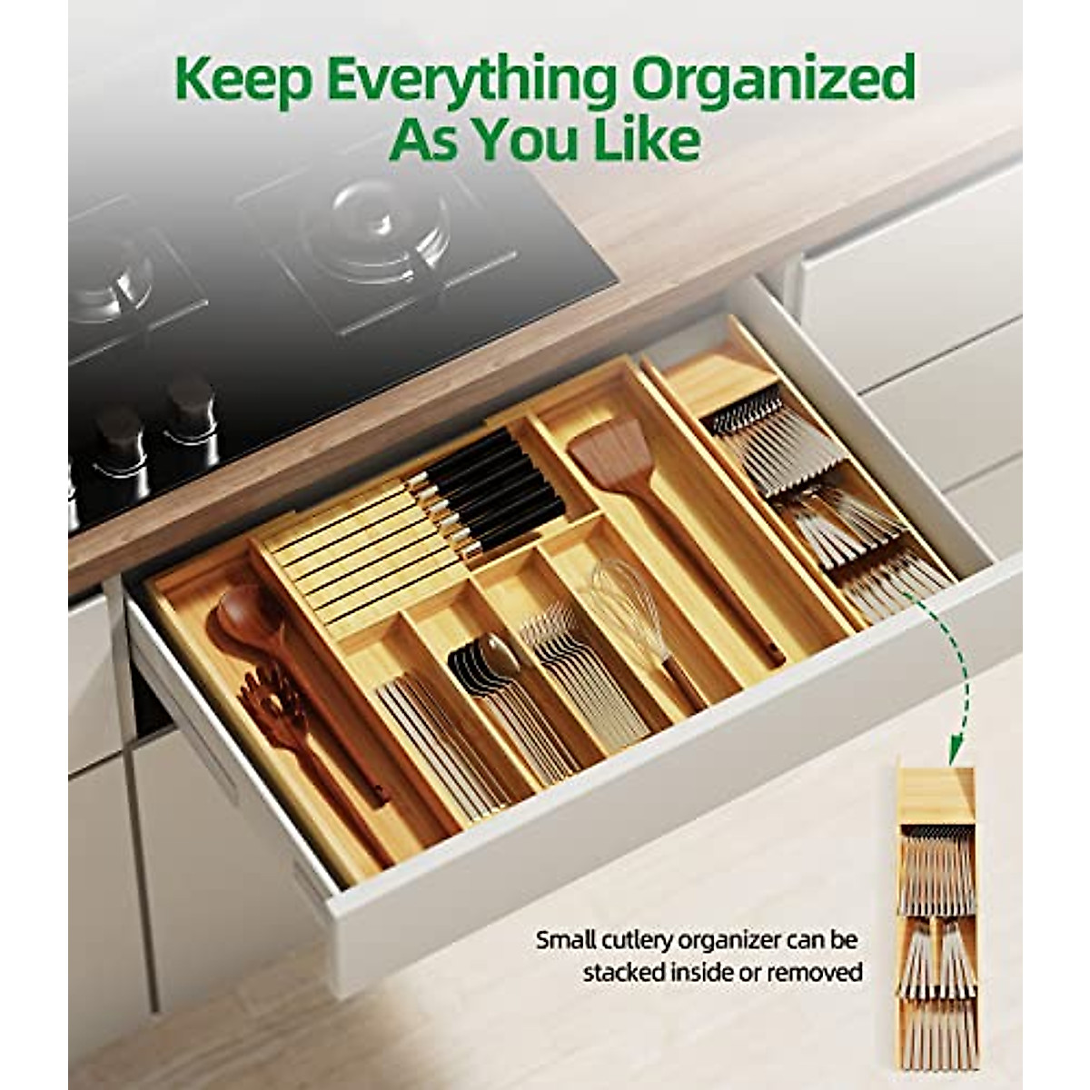 Delamu Expandable Silverware Organizer with Cutlery Organizer in Drawer, Flatware Utensil Organizer with Knife Organizer, Bamboo Kitchen Drawer Organizer for Large Utensils, Silverware Tray for Drawer