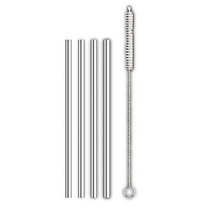 HIC Kitchen Bar Reusable Cocktail Straws, 18/8 Stainless Steel, Set of 4 Straws with Cleaning Brush