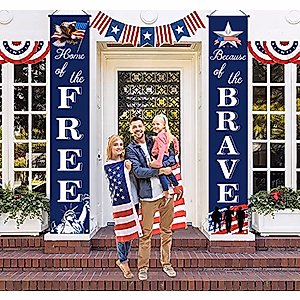 American Flag Patriotic Soldier Porch Sign Banners -“HOME of the FREE” and “Because of the BRAVE”- Hanging Banner for 4th of July Decor/ Independence Day/ Memorial Day/ Veterans Day/ Labor Day