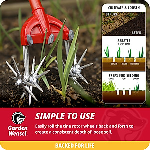 Garden Weasel Rotary Cultivator & Hand Tiller - 2-in-1 | Aerate, Weed, Cultivate, Plant, Reseed | Lawn Reseeding Garden Tool, Garden Soil Loosener | 91206