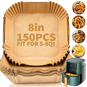 DSMY 150 PCS Air Fryer Disposable Paper Liners,8 Inch Square Parchment Disposable Paper Liner for 5-8QT Air Fryer,Baking, Roasting and Microwave, Non-Stick Airfryer Accessories