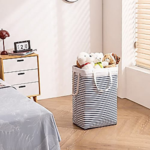 TECHMILLY 72L Large Laundry Hamper with Removable Bag, Collapsible Laundry Basket with Rope Handles, Dirty Clothes Hamper for Bedroom, Living Room, Clothes Toys Organizer, Blue Stripe