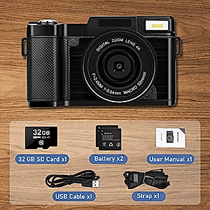 Digital Camera, Vlogging Camera for Photography and Video on YouTube, 2.7K 30MP Point and Shoot Cameras, 3 Inch 180 Degree Flip Screen, 2 Batteries, 32GB SD Card (Black)