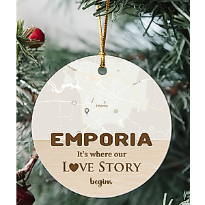 2024 Ornament Christmas Map City Emporia VA It's Where Our Love Story Begins for Couple Emporia Ornament 3 inch Circle Plastic