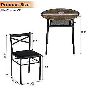 VINGLI 3 Piece Round Dining Set,29.5" Small Dining Table Set for 2,Round Kitchen Table with 2 Chairs Set for Small Space/Dining Room/Apartment,Upholstered Chairs,Metal Frame,Storage Shelf (Black)