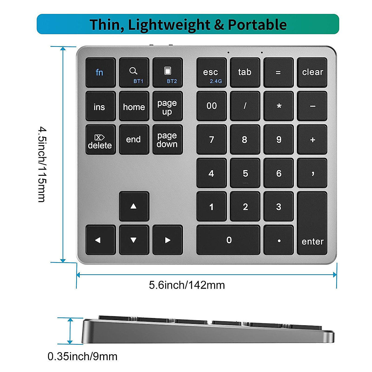 LOONASA Bluetooth Number Pad, Rechargeable Wireless Numeric Keypad, Three Mode, Slim & Silent Design, 35-Keys External Numpad USB Keyboard for MacBook, iPad, iPhone, iOS, Laptop, Windows, Android, PC