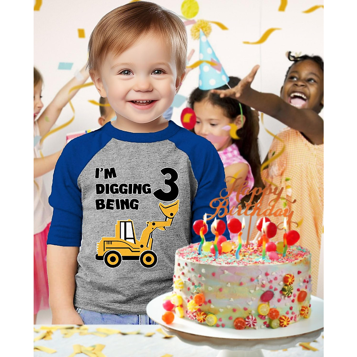 I'm Digging Being 3 3rd Birthday Shirt Boy Construction Kids Raglan T-Shirt Blue 3T