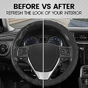 BDK Genuine Black Leather Steering Wheel Cover for Car, Large 15.5-16 inch – Ergonomic Comfort Grip for Men & Women, Car Steering Wheel Cover for Vehicles with Large Steering Wheels