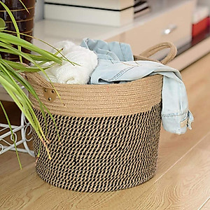 Douup Cotton Hemp Rope Basket Storage with Handles, Woven Laundry Basket, Natural Cotton Woven Storage Basket for Diapers, Nursery, Toys, Towels (13.7Inchx 11.8Inch),Brown