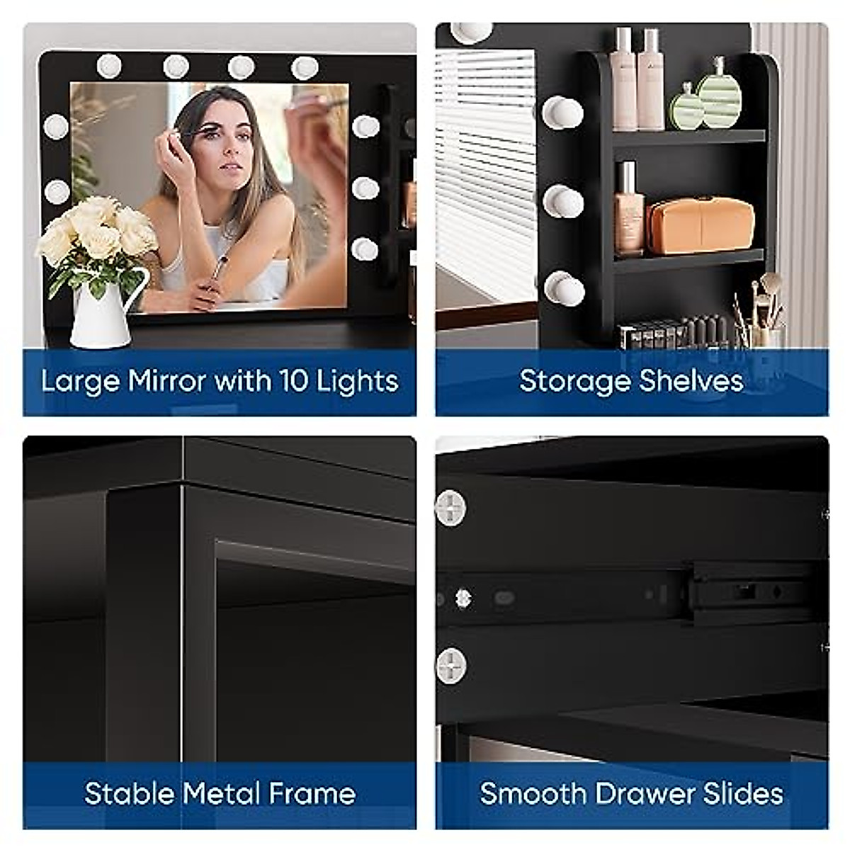 Semiocthome Vanity Desk with Mirror and 10 LED Lights, 39.4"W Makeup Desk with 2 Big Drawers and Side Shelves for Storage, Girl's Dressing Table with Metal Frame, Corner Makeup Table with Chair- Brown