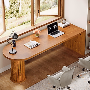 Tribesigns 78.74-Inch 2 Persons Double Desk, Extra Long Ellipse Computer Desk, Wooden Home Office Desk with Cylindrical Pedestal, Industrial Study Writing Table Workstation Business Furniture
