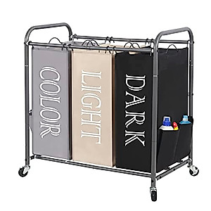 STORAGE MANIAC 3 Section Laundry Sorter, 3 Bag Laundry Hamper Cart with Heavy Duty Rolling Lockable Wheels and Removable Bags, Laundry Organizer Basket Clothes Separator Hamper, Multicolored