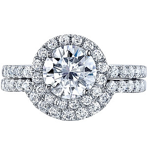 PEORA Moissanite Classic Halo Engagement Ring and Wedding Band Bridal Set in Sterling Silver, 1.50 Carat Center, DE Color, VVS Clarity, Size 6.5