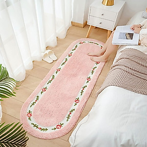 Pink Rose Rug Romantic Rose Flower Rug Shaggy Area Rugs Farmhouse Runner Rug Shaggy Floral Mat Modern Carpet Washable Floor Mats for Bedroom/Living Room/Bathroom/Laundry Room/Hallway