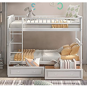 Harper & Bright Designs Bunk Beds Twin Over Twin, Twin Bunk Bed with Sotrage Drawers , Wooden Bunk Bed with Safety Rail Ladder,Can be Convertible to 2 Beds,White