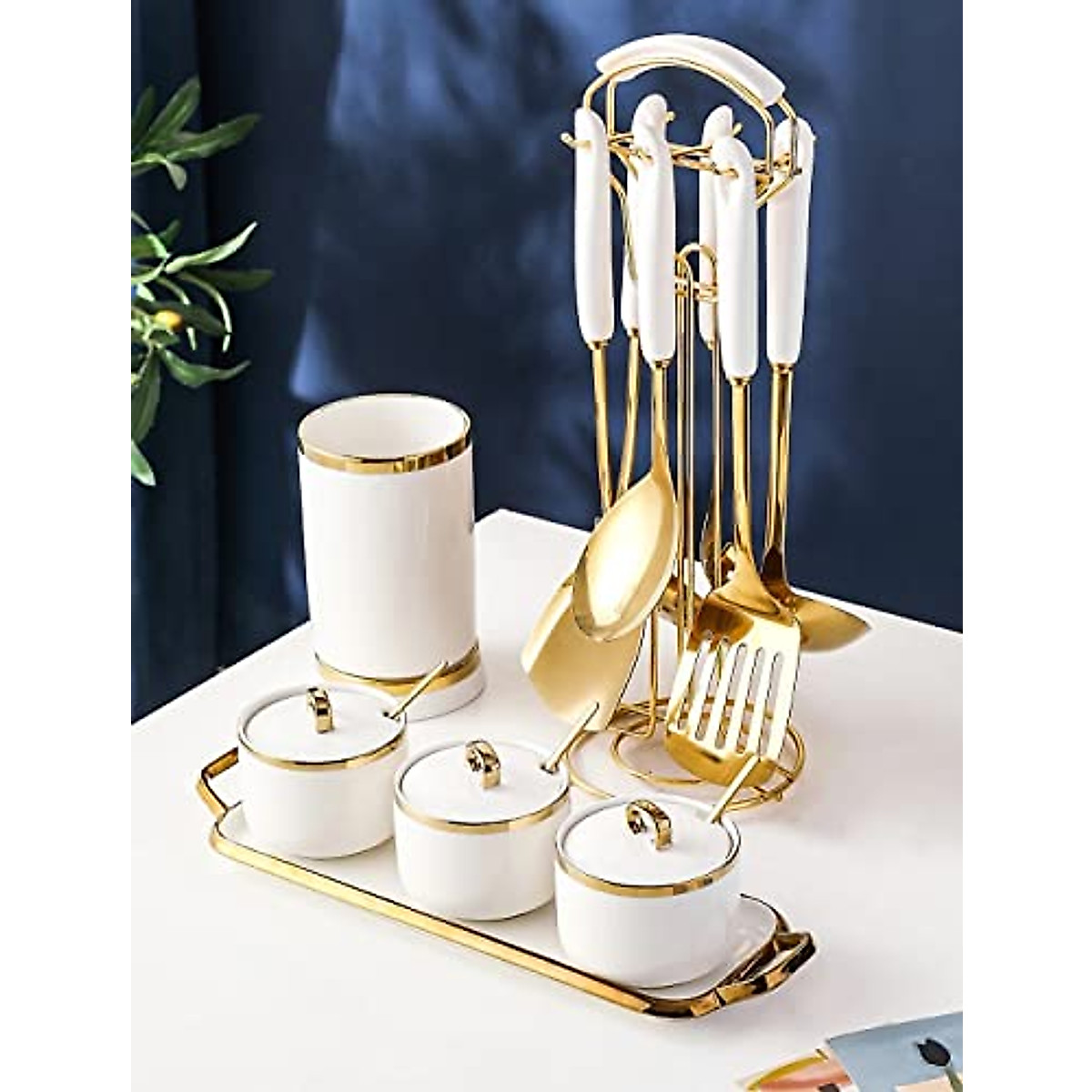 AQUAX Stainless Steel kitchenware seven Pieces Set (White Gold).Cooking Utensils 7 pcs with hanging shelf .Include Slotted Large Spoon, Soup Ladle, Spatula, Pasta spoon.