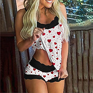 NOLDARES Lingerie for Women Lace Valentines Printed Sexy Lingerie for Women 2-Piece Pajamas Sleeveless Nightie Cami Sets