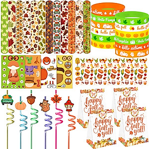 Erweicet Fall Party Favors 72 PCS Autumn Slap Bracelet DIY Stickers Plastic Straws Silicone Bracelets Tattoo Stickers Gift Bags for Kids Fall Harvest Party Classroom Rewards Goodie Bag Filler