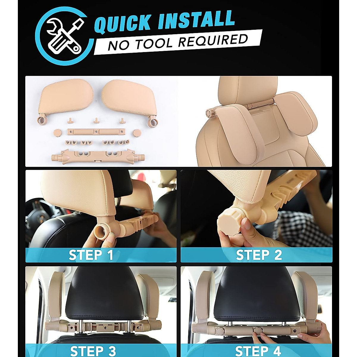 JZCreater Car Headrest Pillow, Head Neck Support Pillow, Car Seat Headrest for Kids, 180° Adjustable U Shaped Car Sleeping Pillow Cushion for Kids Adult (Black)