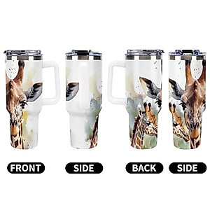 LLUTSNTH 40 Oz Vacuum Tumbler with White Handle Leakproof Insulated Tumbler Watercolor Deer Giraffe Stainless Steel Travel Mug with Lid And Straw Coffee Cup Cute Water Bottles Cup Holder Friendly