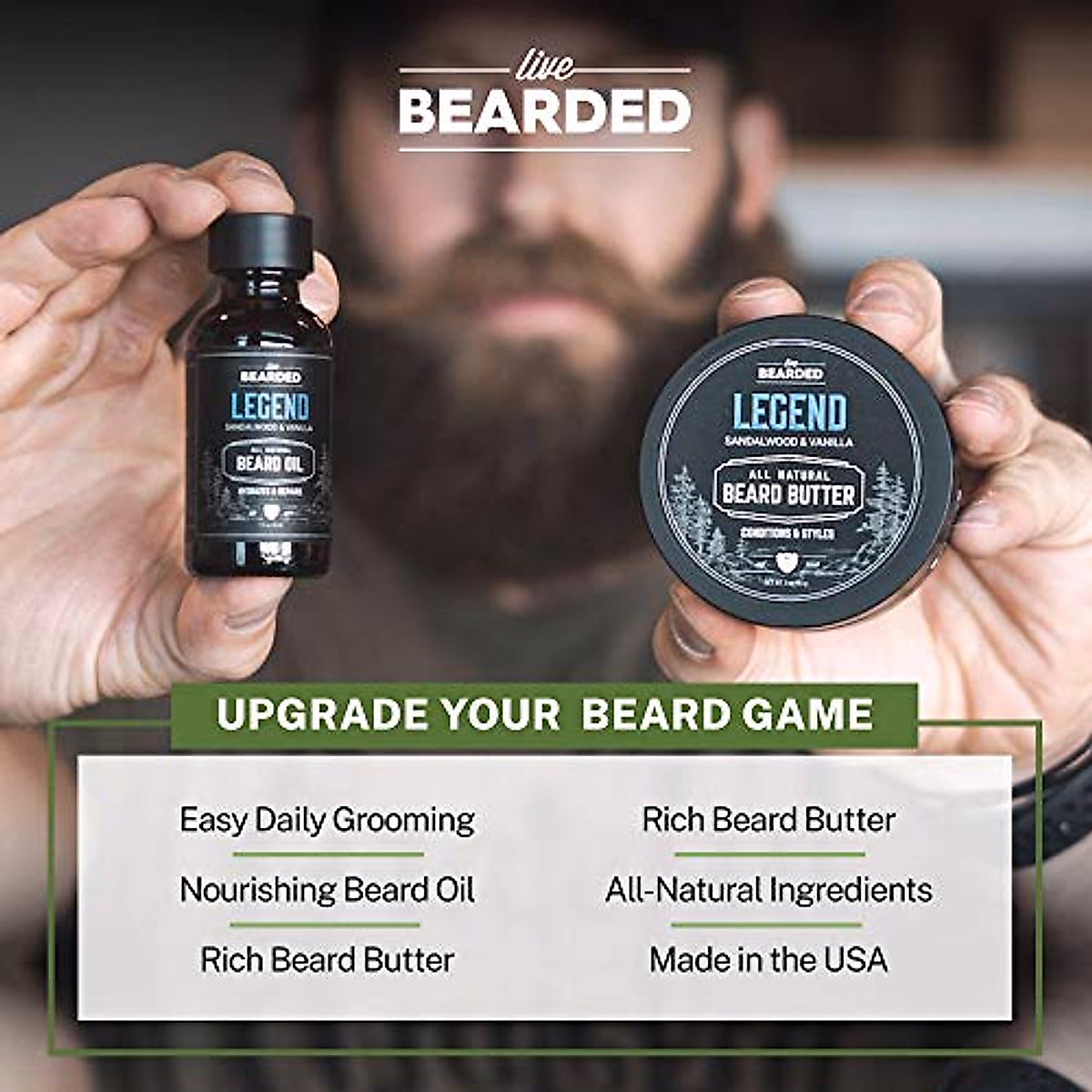 Live Bearded: Beard Oil and Beard Butter Grooming Kit - Tombstone - All-Natural Ingredients with Shea Butter, Argan Oil, Jojoba Oil and More - Beard Growth Support - Made in the USA
