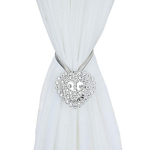 2PCS Magnetic Curtain Tiebacks Crystal Heart Shape Window Curtain Holdbacks Buckles Tie Backs Holders with Stretchable Wire Rope for Home and Office Decoration,Silver