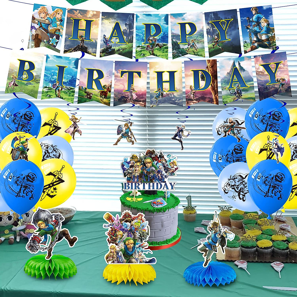 Legend Game Party Decorations Set, Zelda Theme Birthday Supplies Include Banner, Balloons, Cake Topper and Classic Zelda Party Honeycomb for Boys and Girls